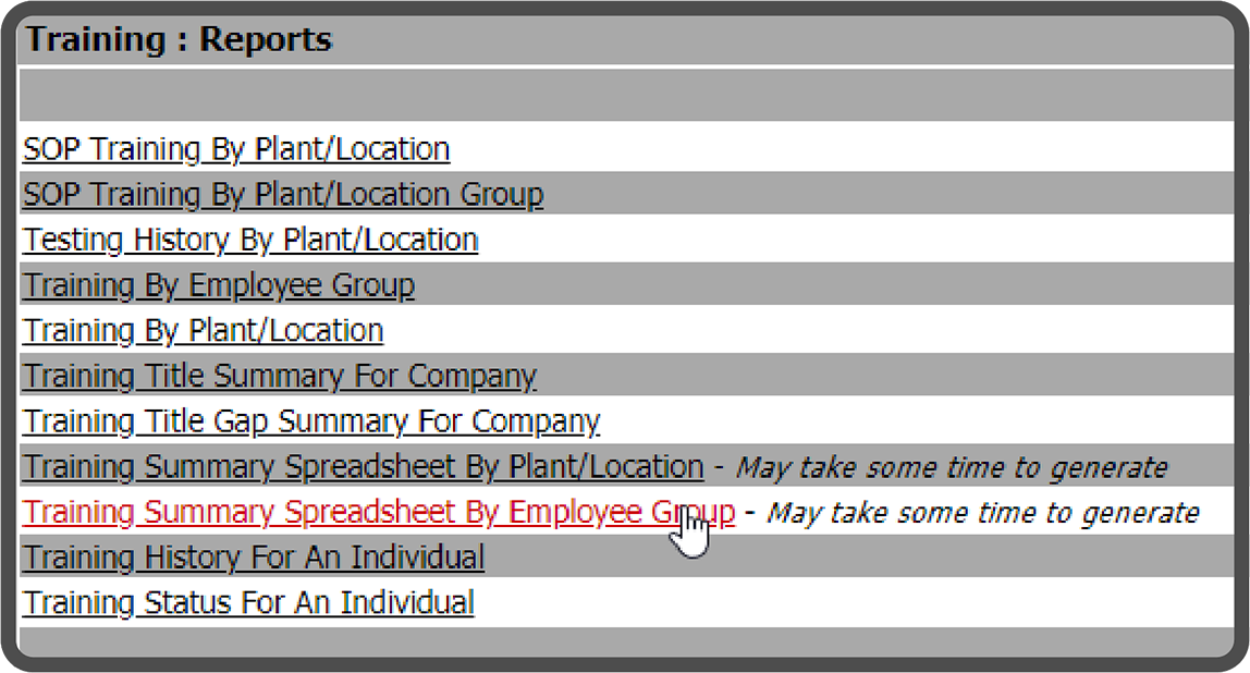 Training Summary Spreadsheet By Employee Group